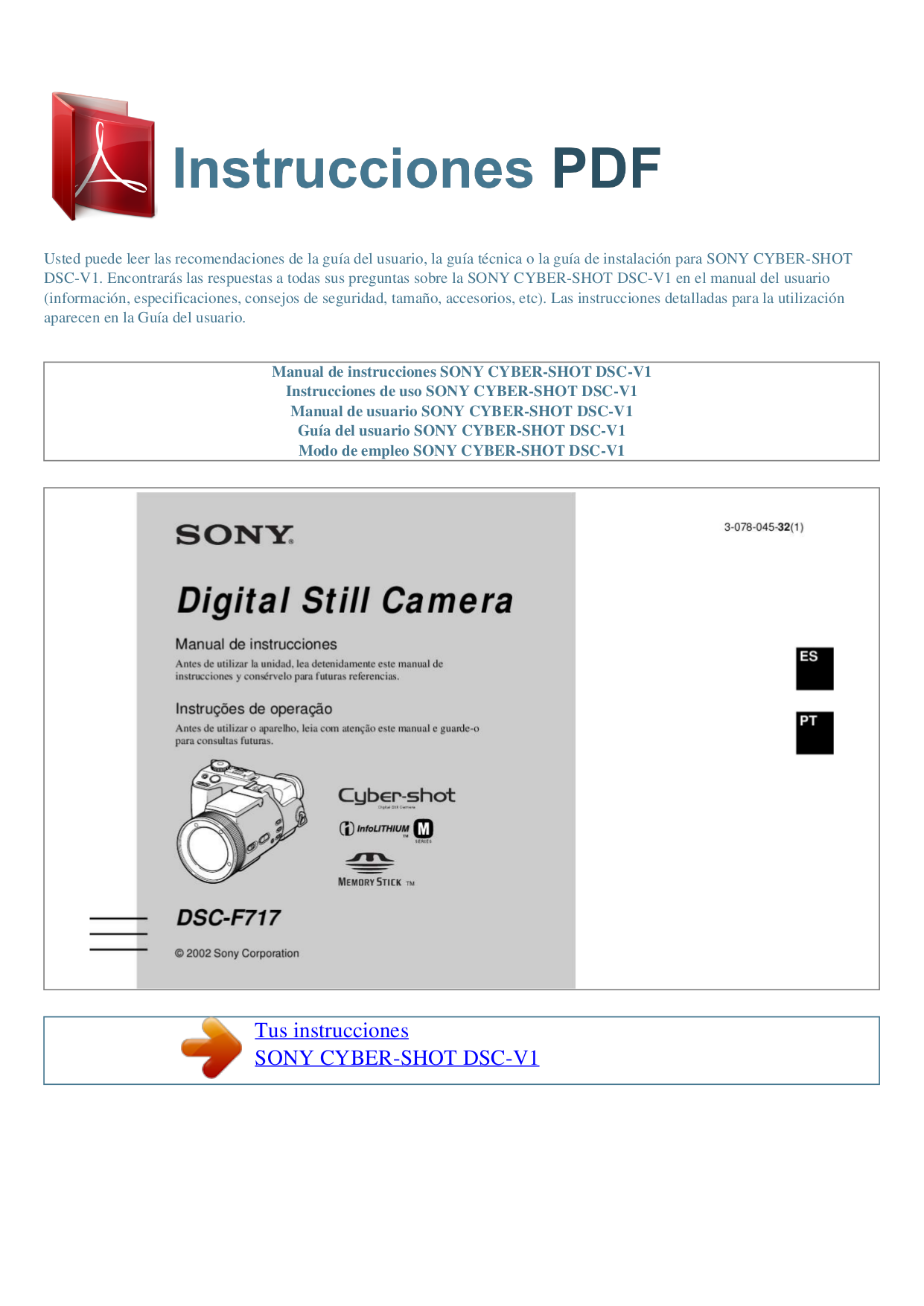 Download free pdf for Sony Cybershot,Cyber-shot DSC-V1 Digital Camera manual